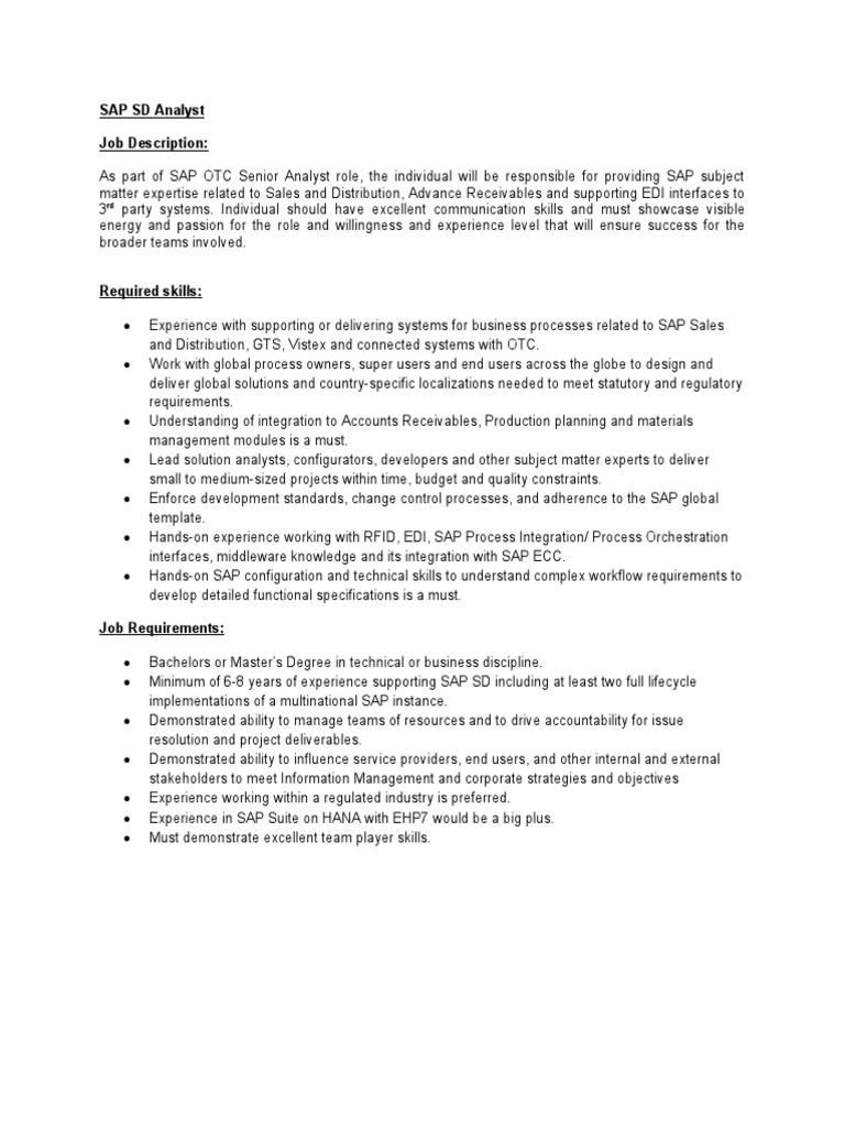 SAP SD Analyst | PDF