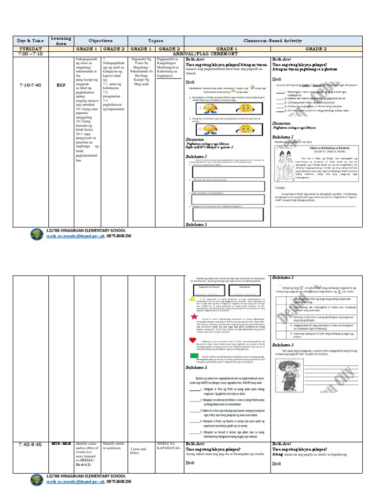 Day & Time Learning Area Objectives Topics Classroom-Based Activity ...