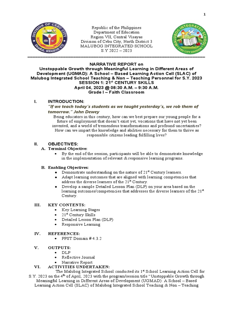 Slac 1 2022-2023 Narrative Report | PDF | Learning | Teachers