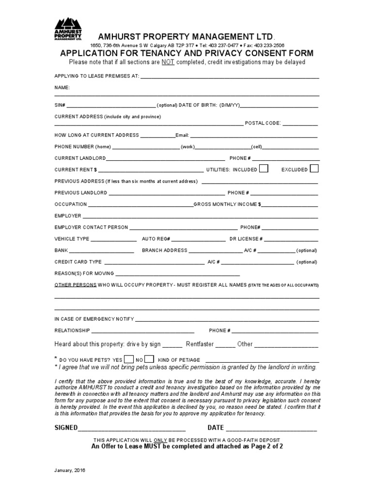 338335-Rental Application Form - Amhurst | PDF | Leasehold Estate ...