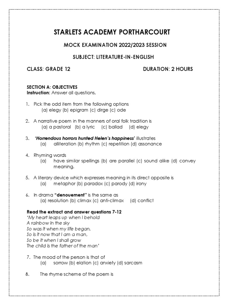 Grade 12 Literature Mock Exam 2023 | PDF | Poetry | Poetic Devices
