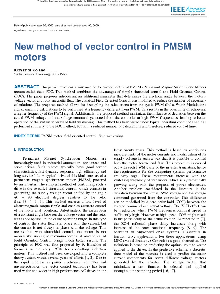 New Method Of Vector Control In Pmsm Motors Pdf Electric Motor Electrical Components