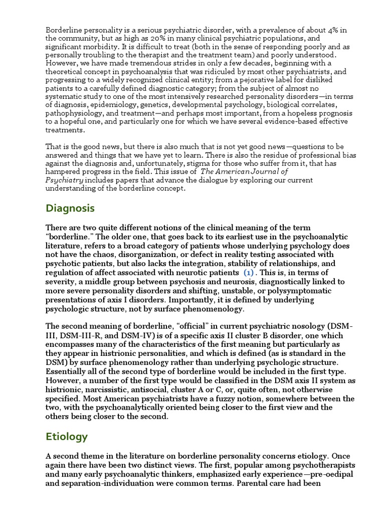 Borderline Personality Disorder Otto F Kernberg M D Robert Michels M D