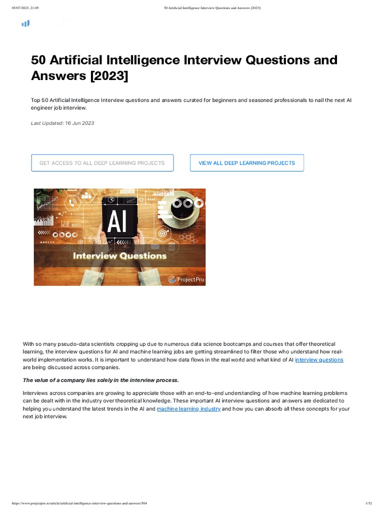 50 Artificial Intelligence Interview Questions and Answers [2023] | PDF | Artificial ...