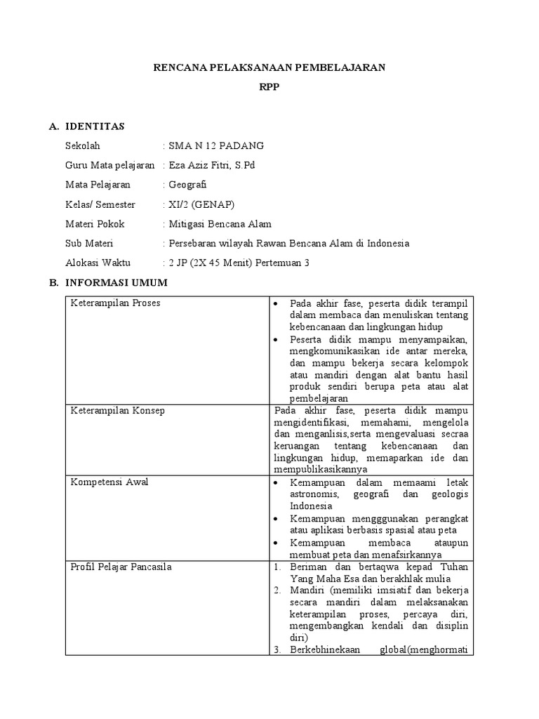 Rencana Pelaksanaan Pembelajaran Persebaran Bencana Eza | PDF
