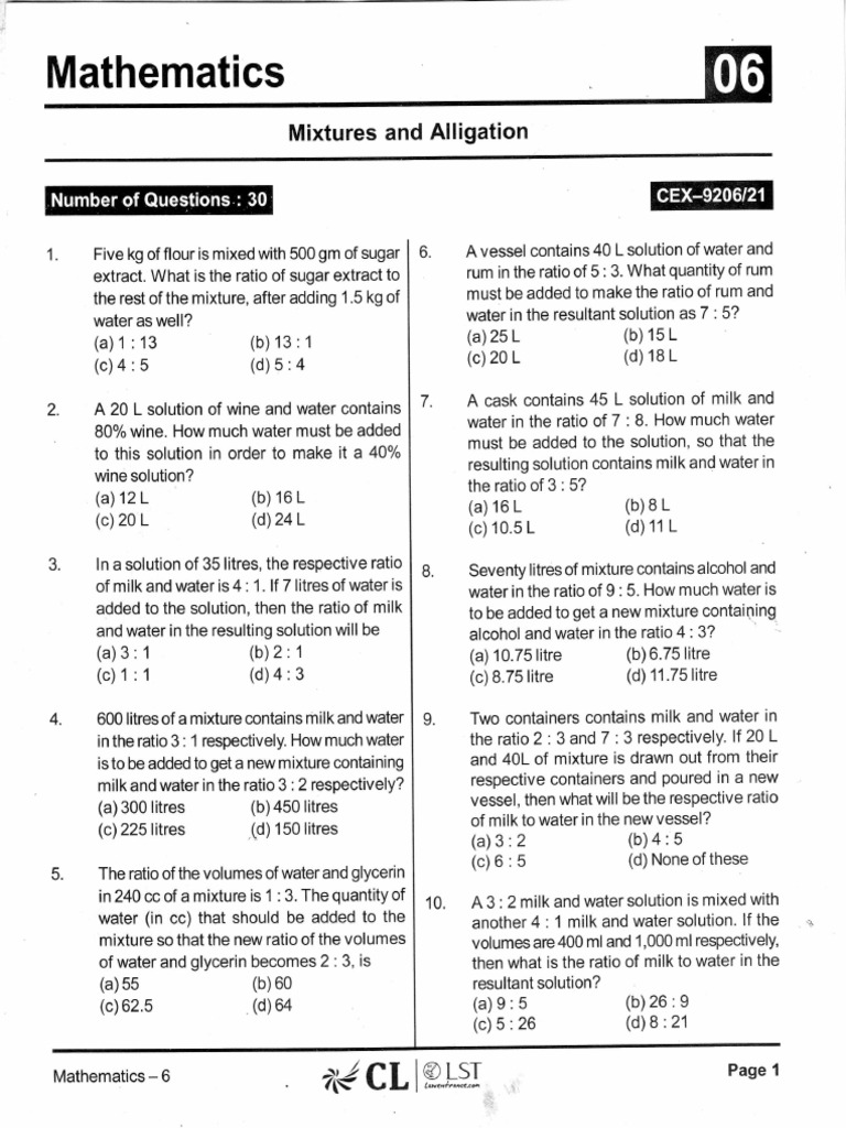 Math- Mixtures and Alligation | PDF