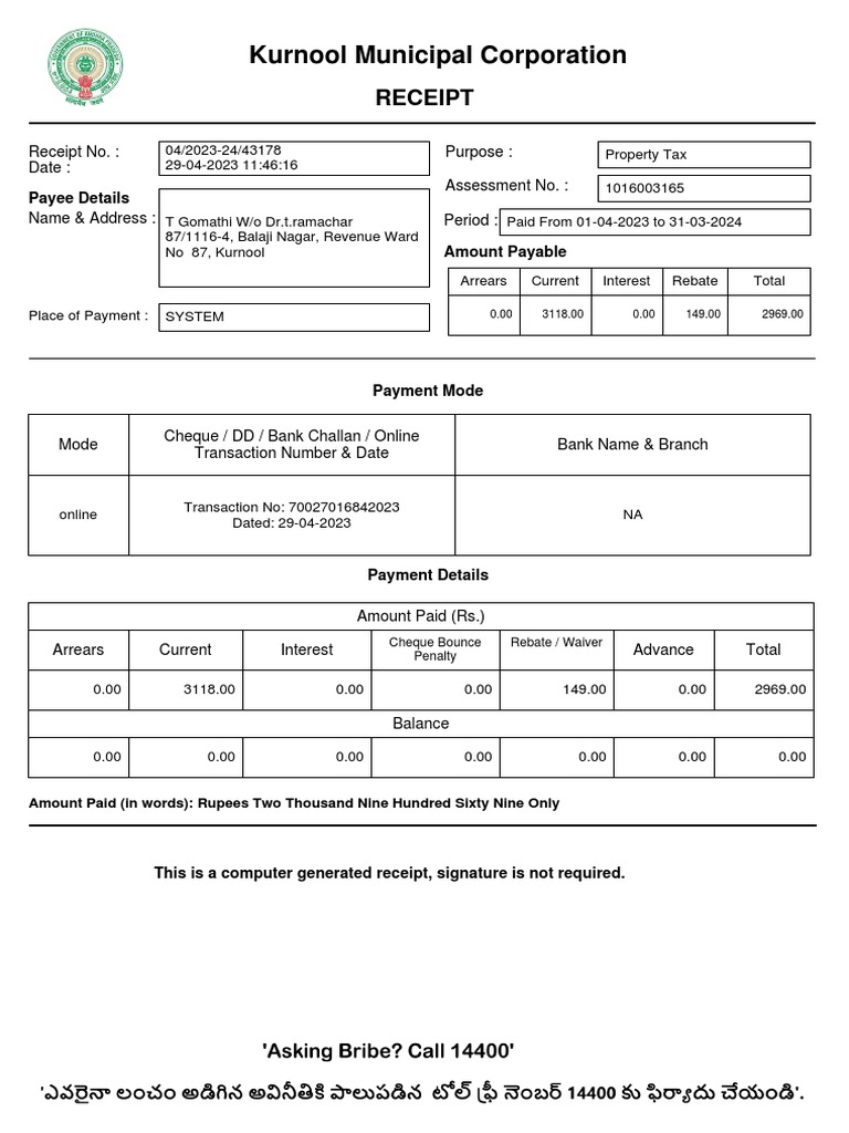 FY 2023-24 Property Tax Receipt of T Ramachar | PDF