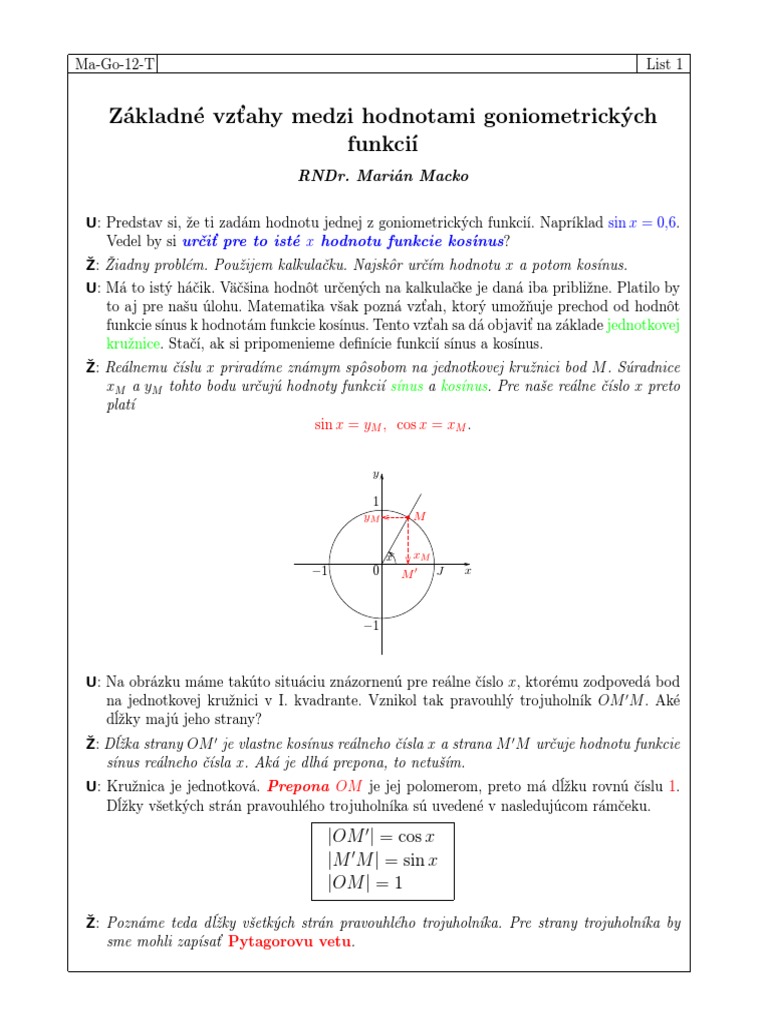 Základné Vzťahy Medzi Hodnotami Goniometrických Funkcií | PDF