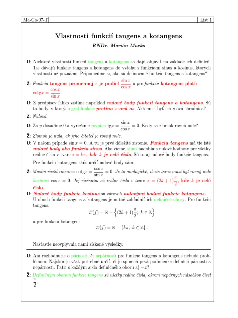Vlastnosti Funkcií Tangens A Kotangens | PDF