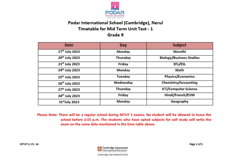 MSG - 90 - 520988 - GRADE 9 - MTUT 1 - TIME TABLE - Docx - Compressed | PDF