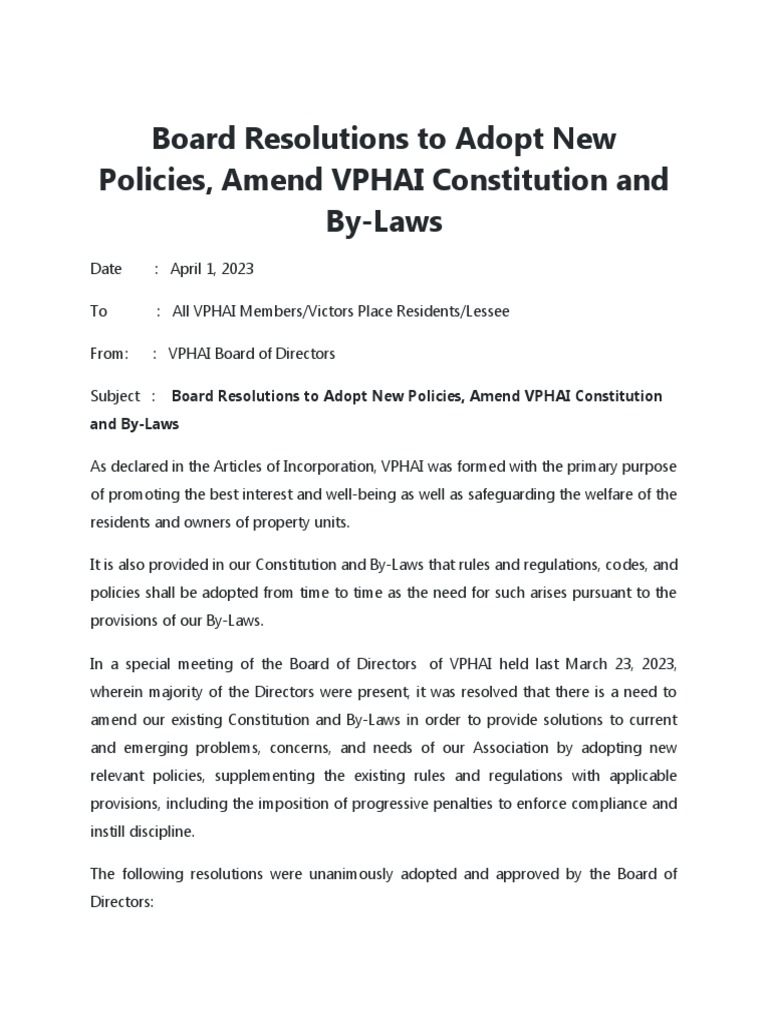 Board Resolutions to Adopt New Policies | PDF | Lease | By Law