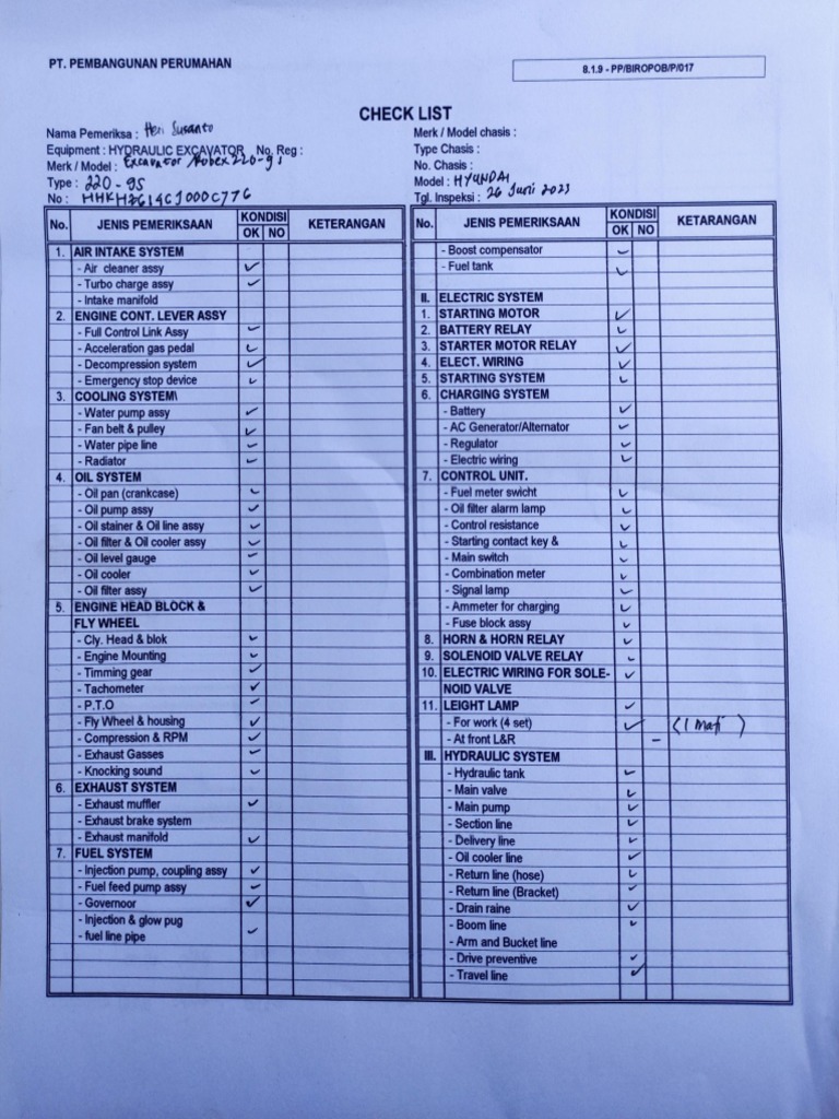checklist alat exca hyundai sumitomo ( Pamindo ) | PDF | Vehicle Parts ...