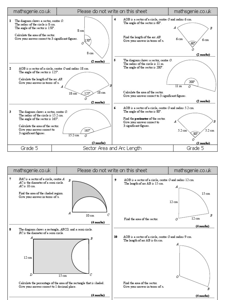 5 Sector Area and Arc Length Ws | PDF | Area | Circle