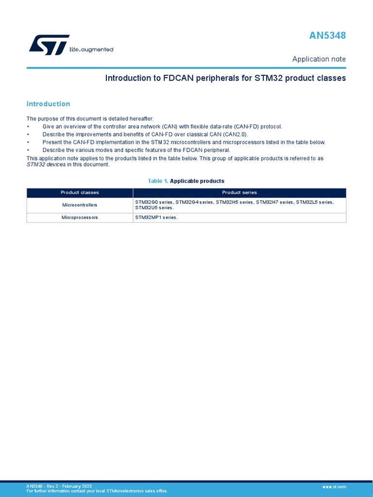 An5348 Introduction To Fdcan Peripherals For Stm32 Product Classes Stmicroelectronics Pdf 