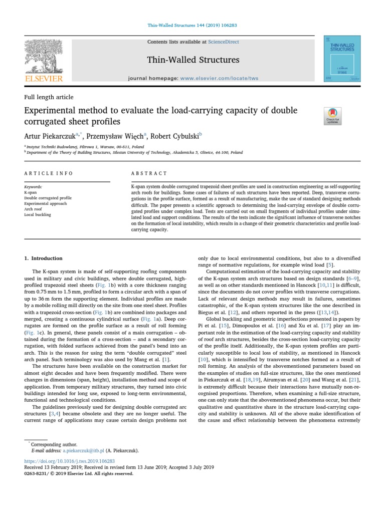 Piekarczuk - Experimental Method To Evaluate The Load-Carrying Capacity of Double Corrugated ...