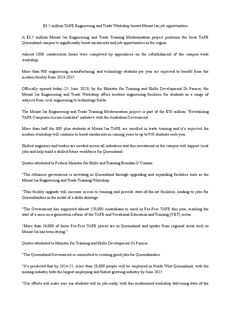 $3.5 Million TAFE Engineering and Trade Workshop Boosts Mount Isa Job ...