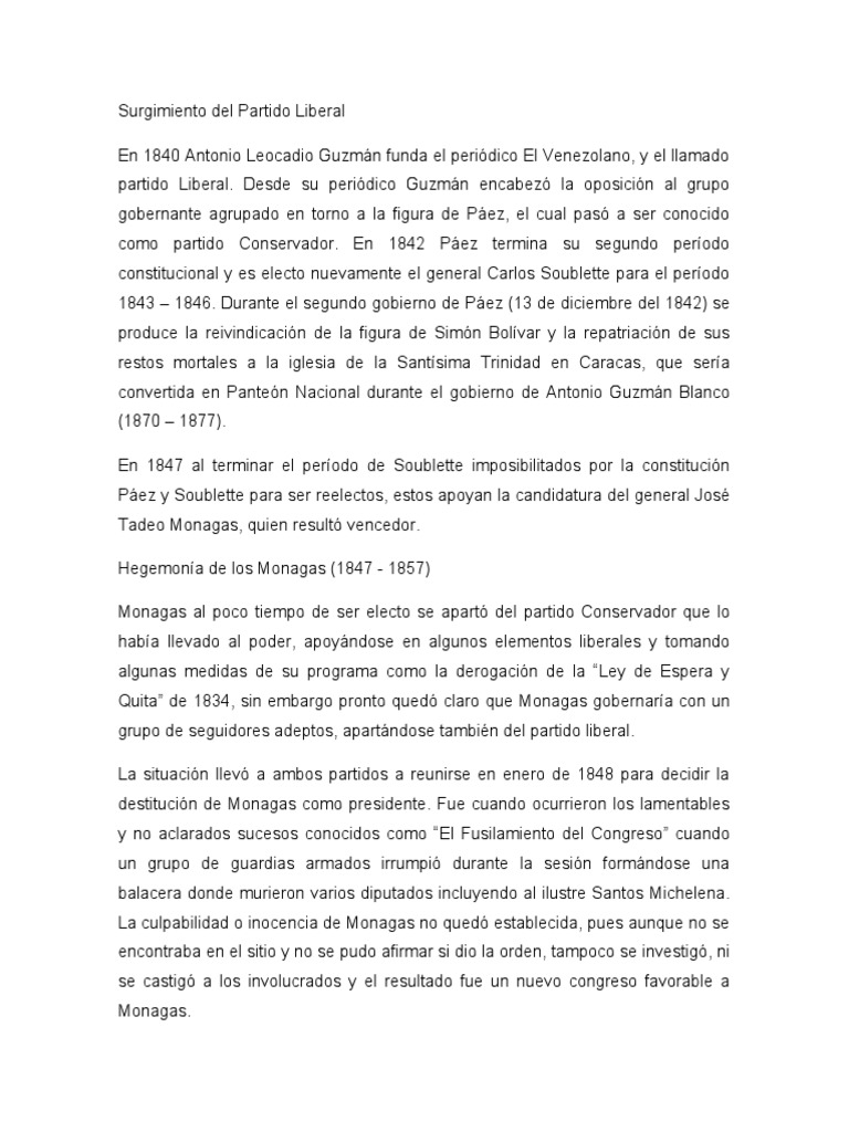 Origen y fundación del Partido Liberal | PDF | Política de venezuela ...