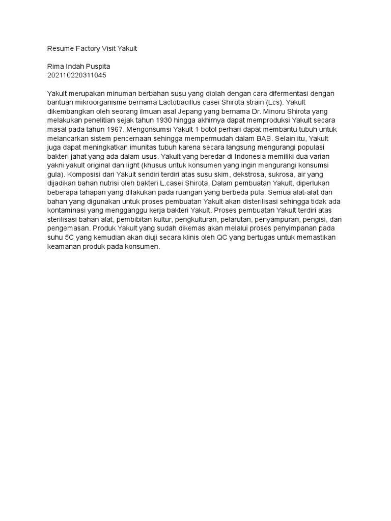 2021 - B - 045 - Rima Indah Puspita (Resume Yakult) | PDF | Kesehatan ...