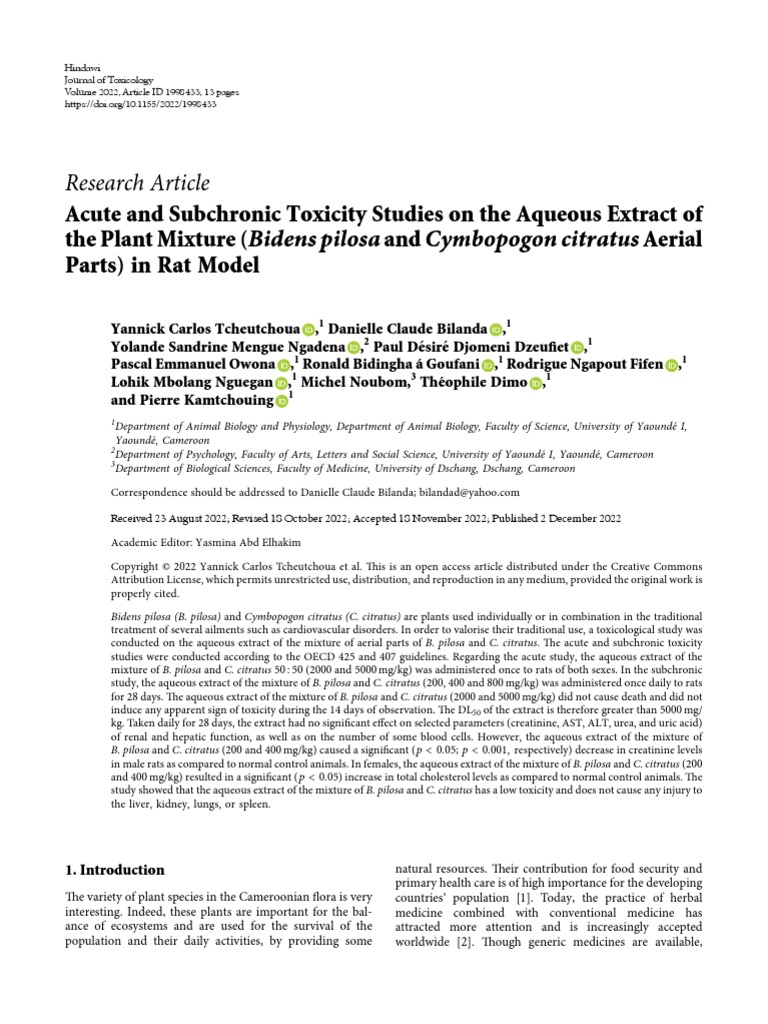 Acute and Subchronic Toxicity Studies On The Aqueo | PDF | Creatinine | High Density Lipoprotein
