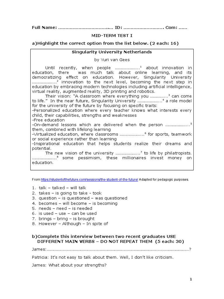 Modelo de Examen Parcial Ingles 2 Unlam | PDF | Technological Singularity | Educational Technology