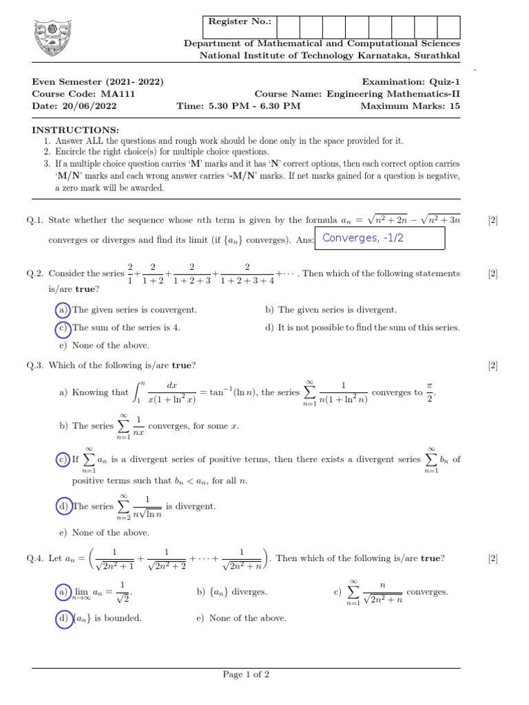 MA111 - Quiz 1 (2025) | PDF | Limit (Mathematics) | Functions And Mappings
