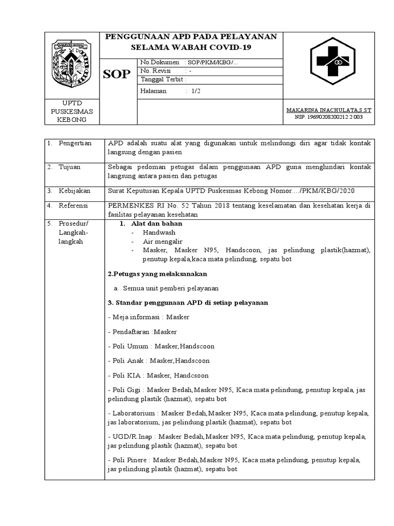 Sop Penggunaan Apd Pada Pelayanan Selama Wabah Covid | PDF