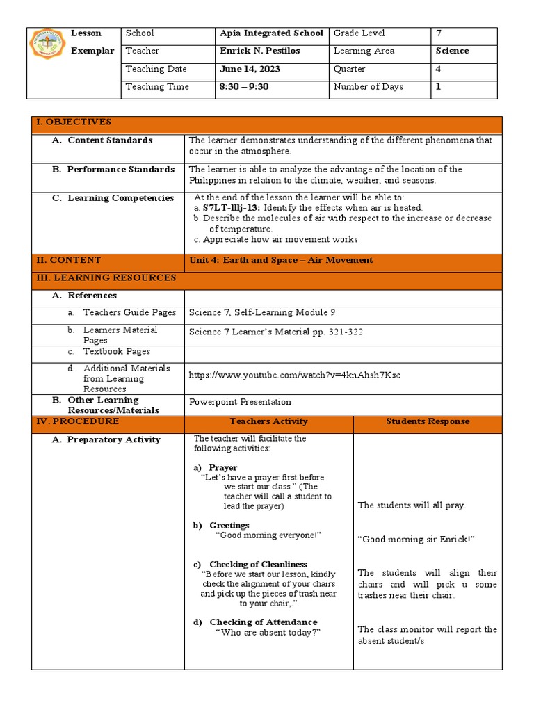 Lesson Plan for CO2 science 7 final hot air | PDF | Atmosphere Of Earth | Nature