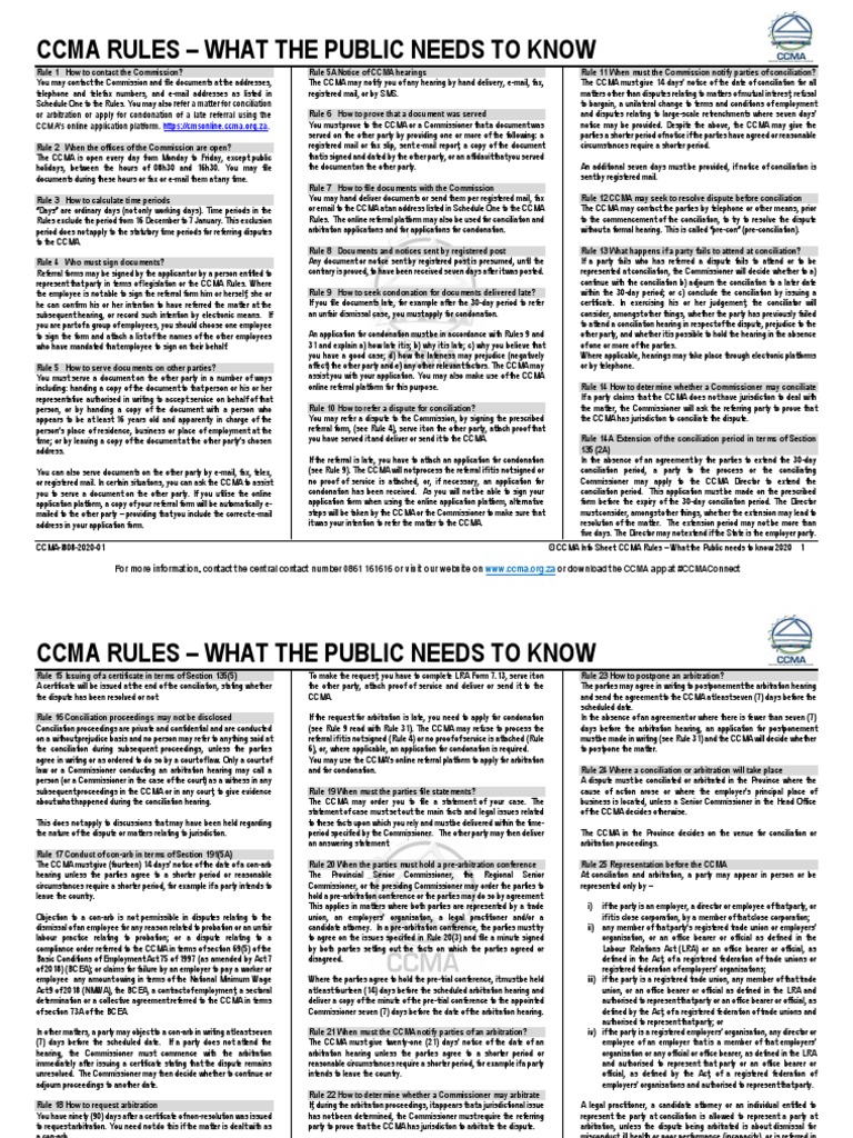 CCMA Rules Info Sheet 2020 01 | Download Free PDF | Arbitration | Labour Law
