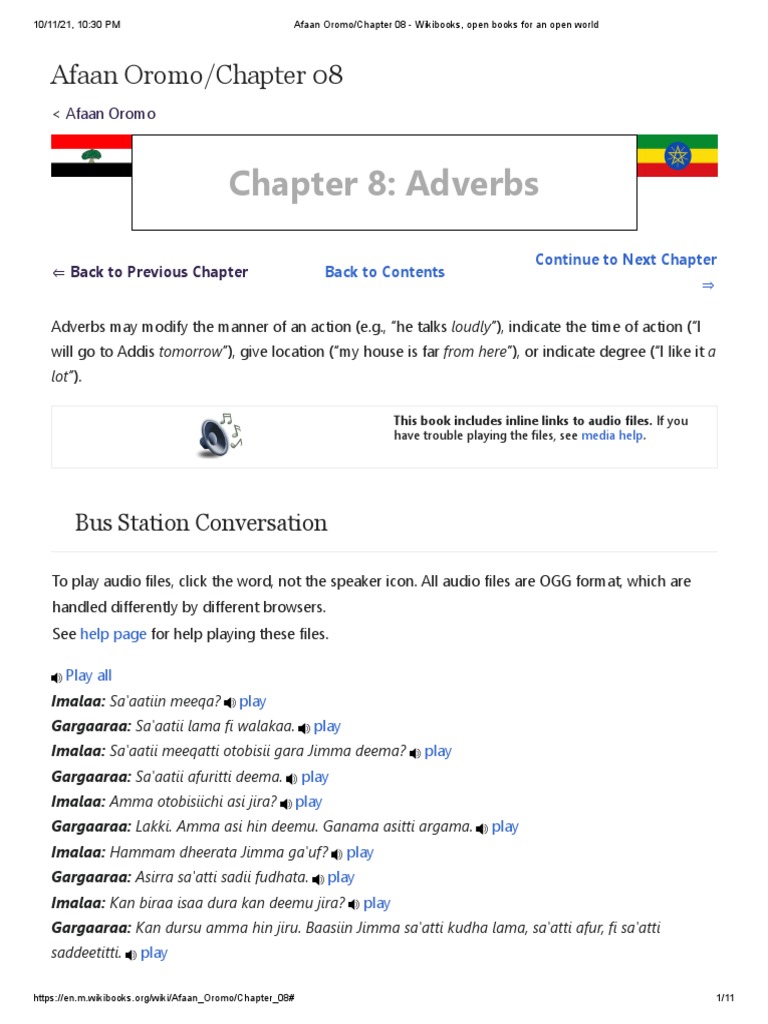 Afaan Oromo - Chapter 08 - Wikibooks, Open Books For An Open World | PDF | Adverb | Verb