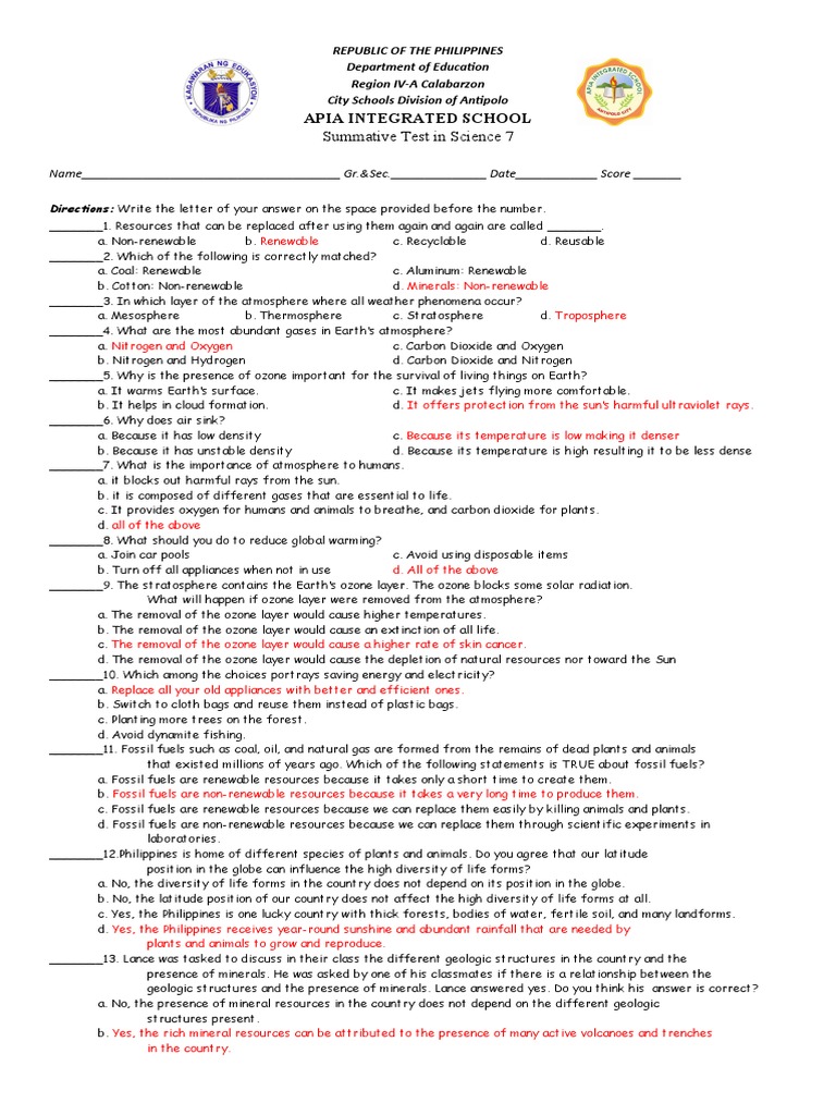Science 7 Final Summative Teast | PDF | Atmosphere Of Earth | Earth