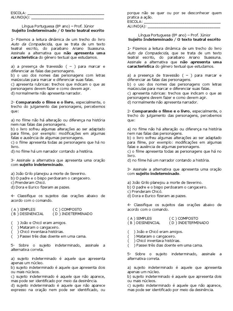 Atividade Avaliativa - SUJEITO INDETERMINADO E TEXTO TEATRAL ESCRITO | PDF | Assunto (gramática ...