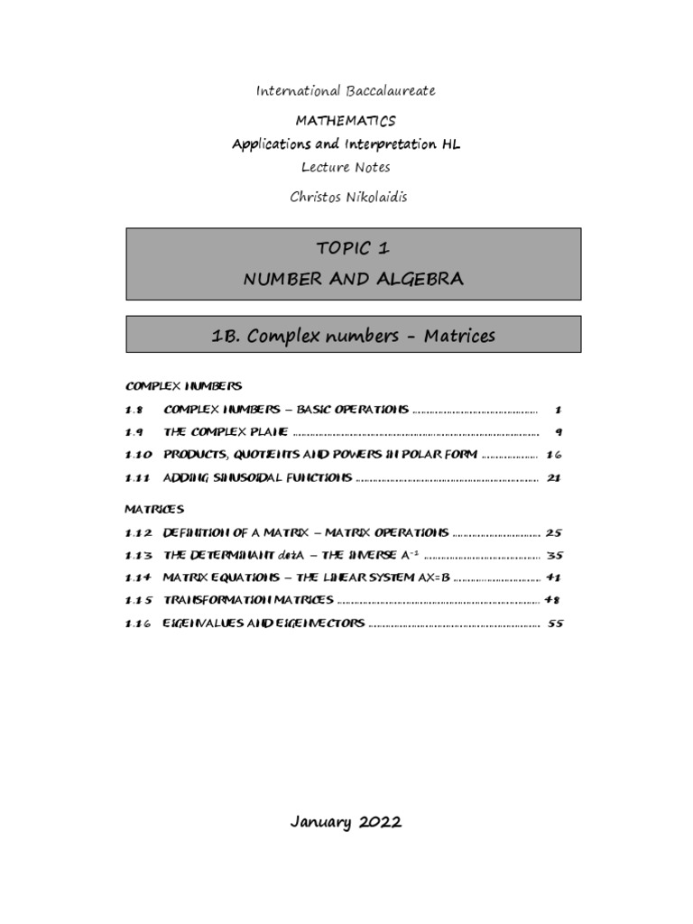 Topic 1B. Complex Numbers - Matrices | PDF | Complex Number | Matrix ...