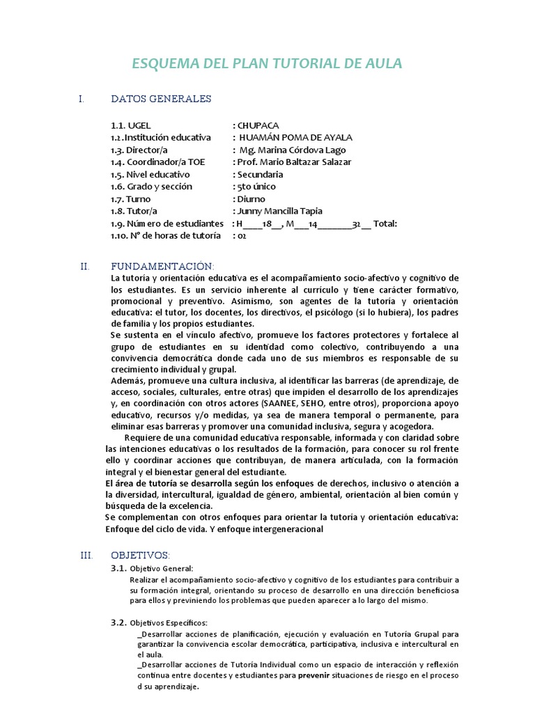 Esquema Del Plan Tutorial de Aula | PDF | Salón de clases | Evaluación
