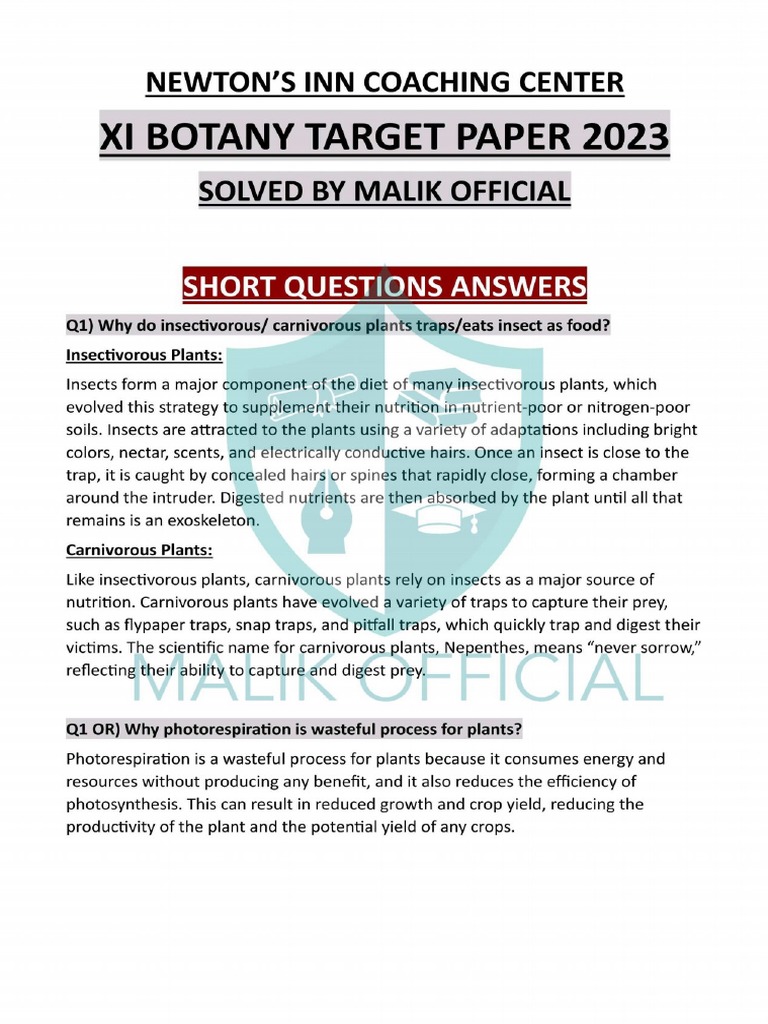XI BOTANY SOLVED NEWTON TARGET PAPER | PDF