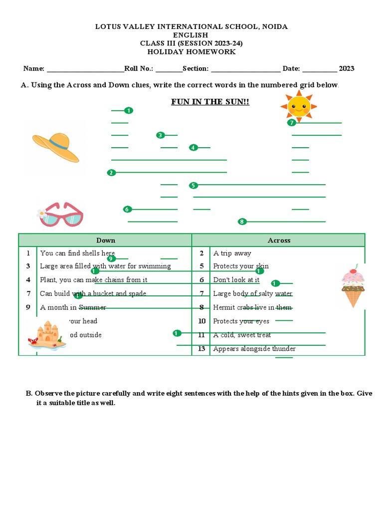 Fun in The Sun!!: A. Using The Across and Down Clues, Write The Correct ...