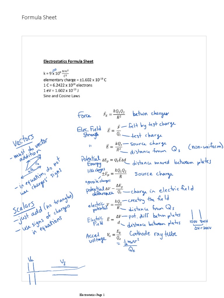 Electrostatics-Formula-Sheet-yhdsid | PDF Electrostatics-Formula-Sheet-yhdsid | PDF