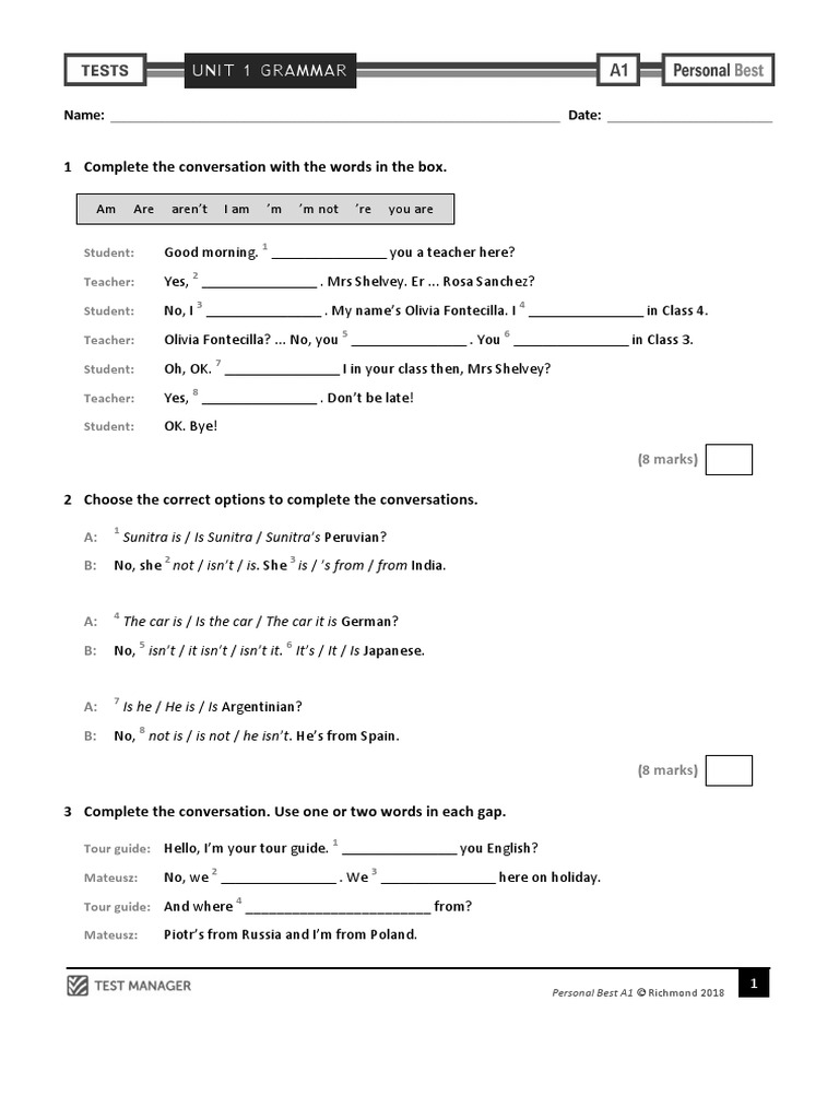 Personal Best A1 Unit 1 Grammar Test | PDF | Linguistics