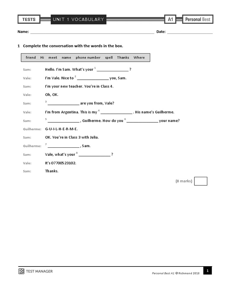 Personal Best A1 Unit 1 Vocab Test | PDF | Linguistics