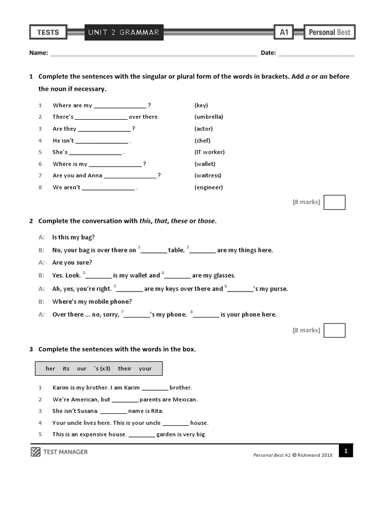 Personal_Best_A1_Unit_2_Grammar_test | PDF | Language Families | Human ...