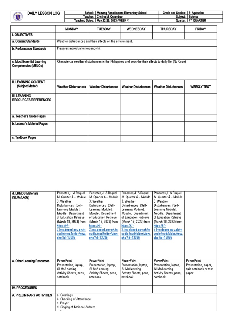 DLL Science-5 Q4 W4 | PDF | Tropical Cyclones | Wound