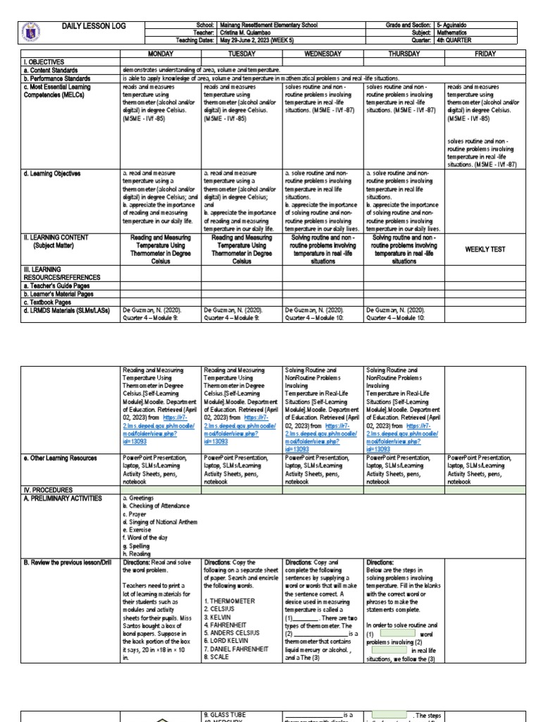 DLL Math-5 Q4 W5 | Download Free PDF | Thermometer | Temperature