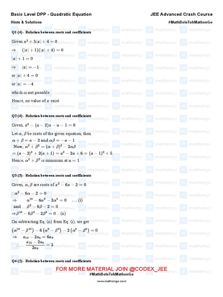 Quadratic Equations Solutions Basic Level DPP | PDF | Quadratic Equation | Equations