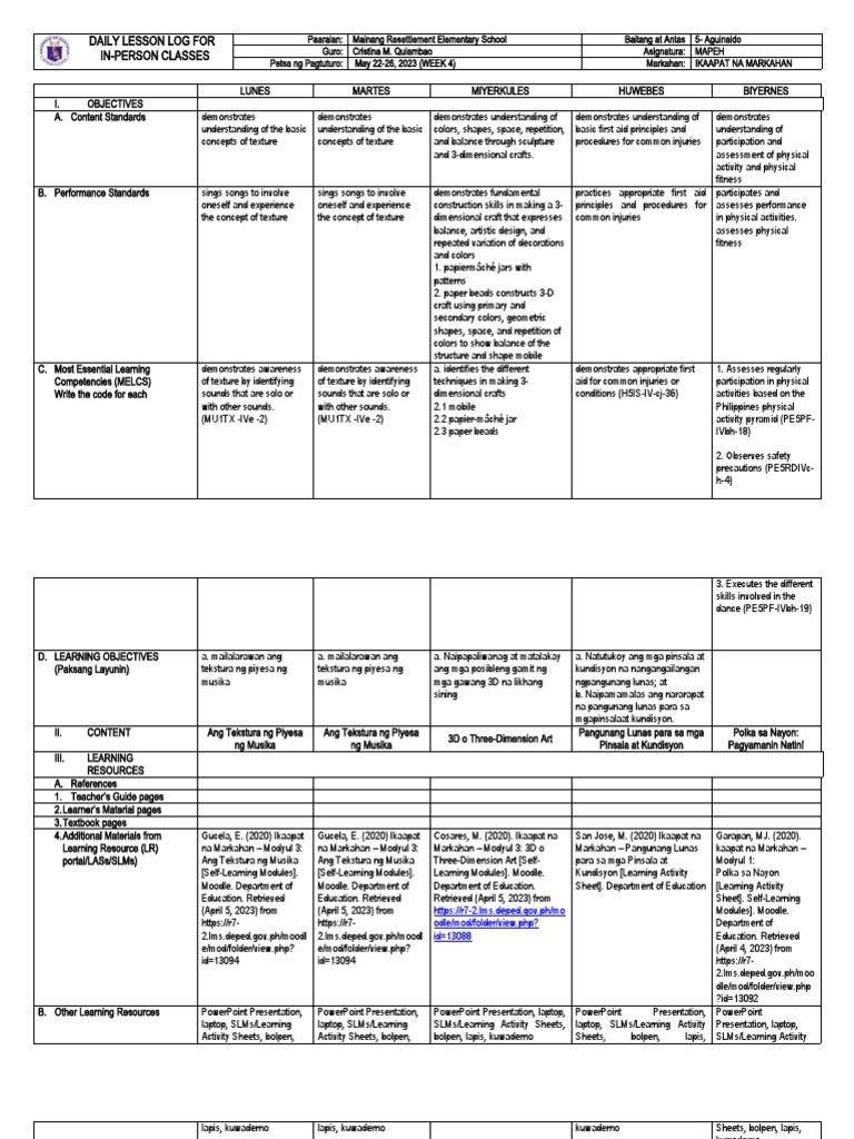 DLL Mapeh-5 Q4 W4 | PDF