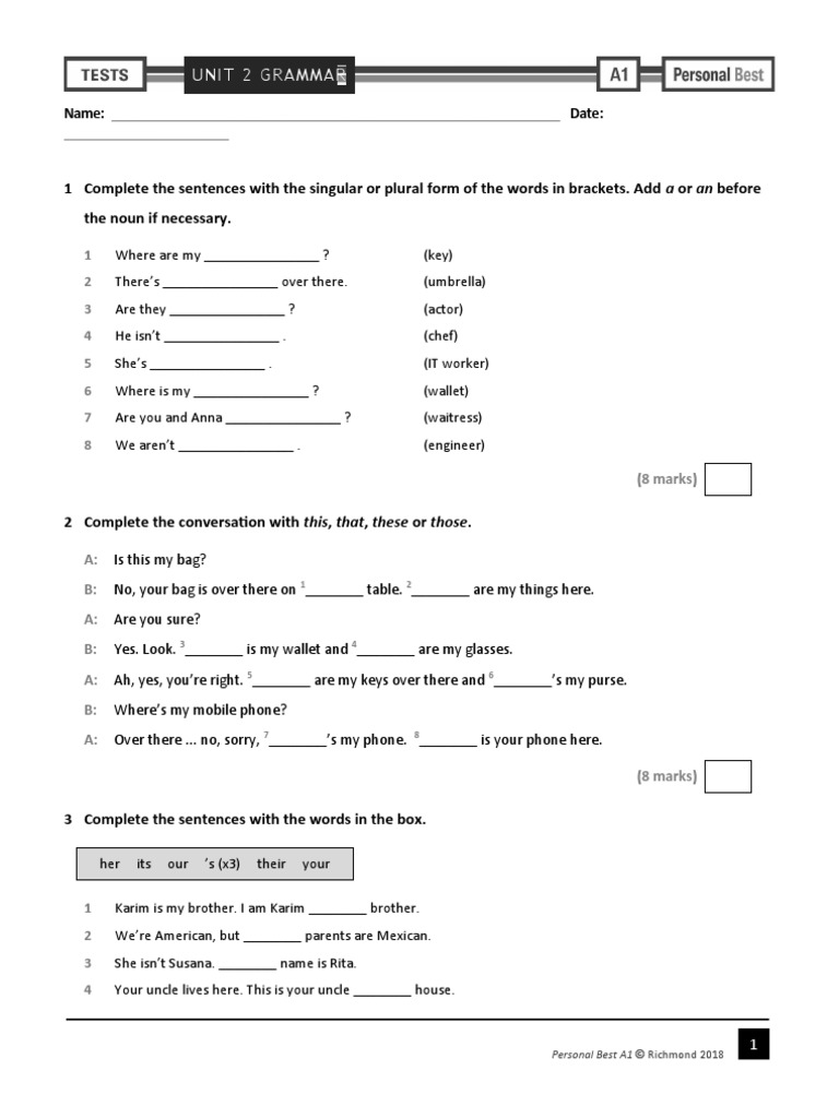 Personal Best A1 Unit 2 Grammar Test | PDF | Linguistics | Cognitive ...