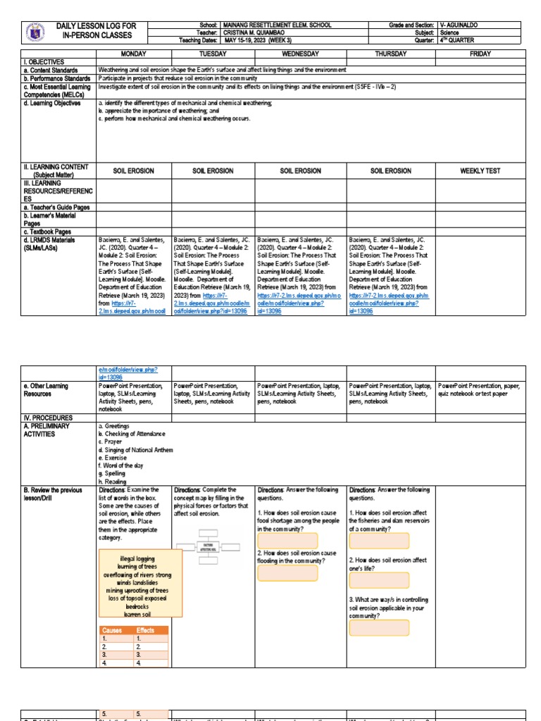 DLL Science-5 Q4 W3 | PDF | Erosion | Soil
