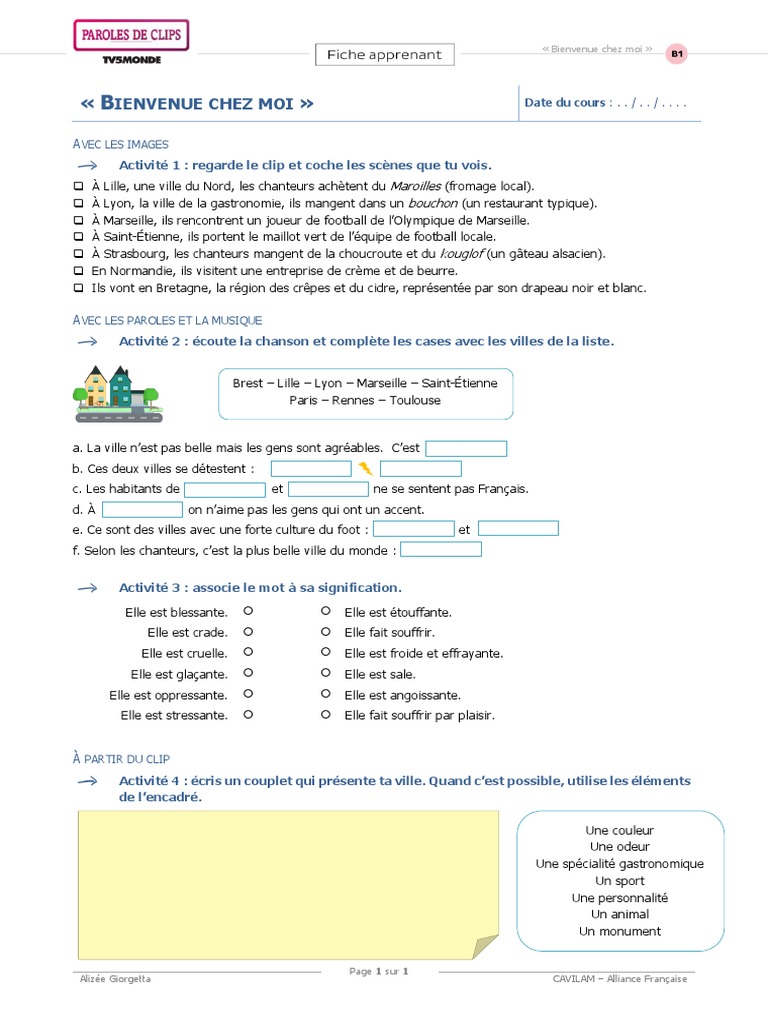 Bienvenue chez moi : Activités et villes | PDF | Nourritures | Cuisine
