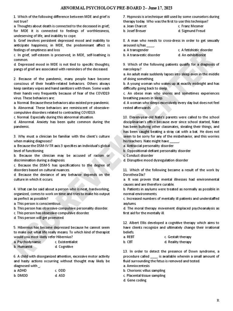 AB PSY PRE-BOARD 2 (June 17, 2023) | PDF | Mental Disorder | Personality Disorder