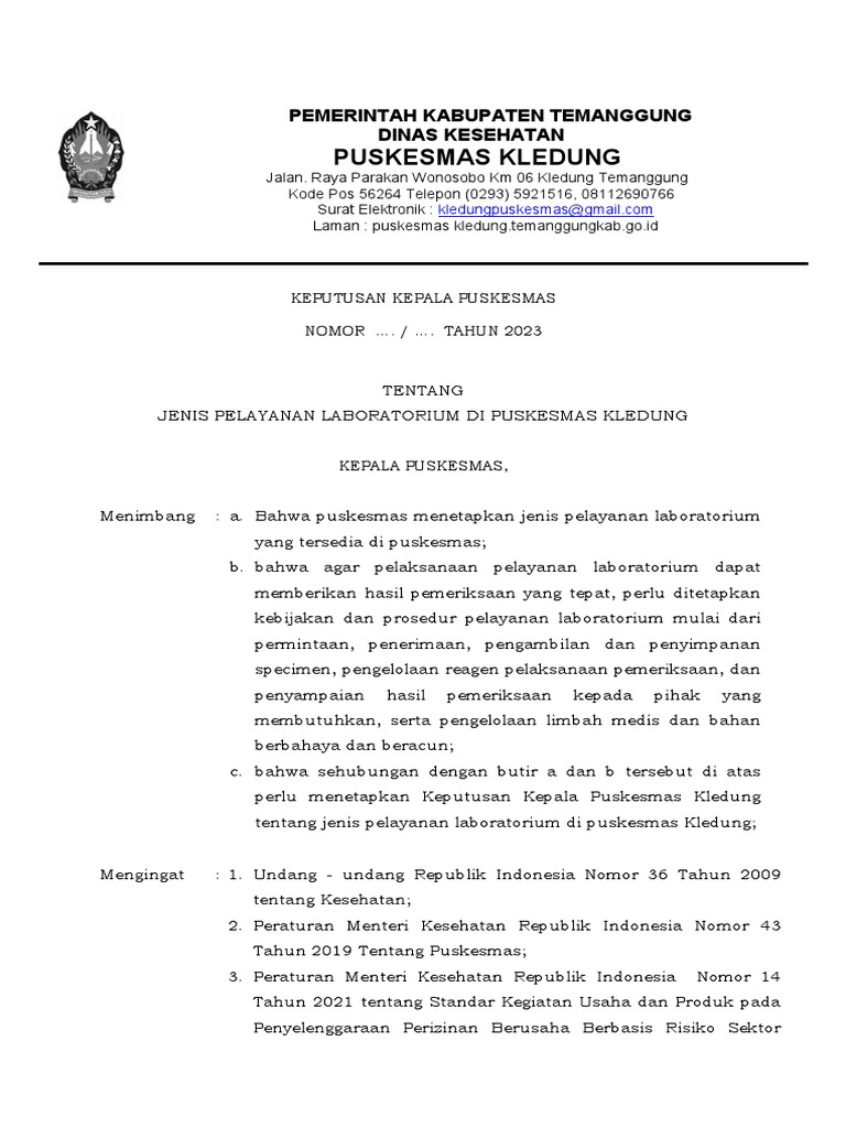 SK Jenis Pelayanan Laboratorium (Cek LG) | PDF