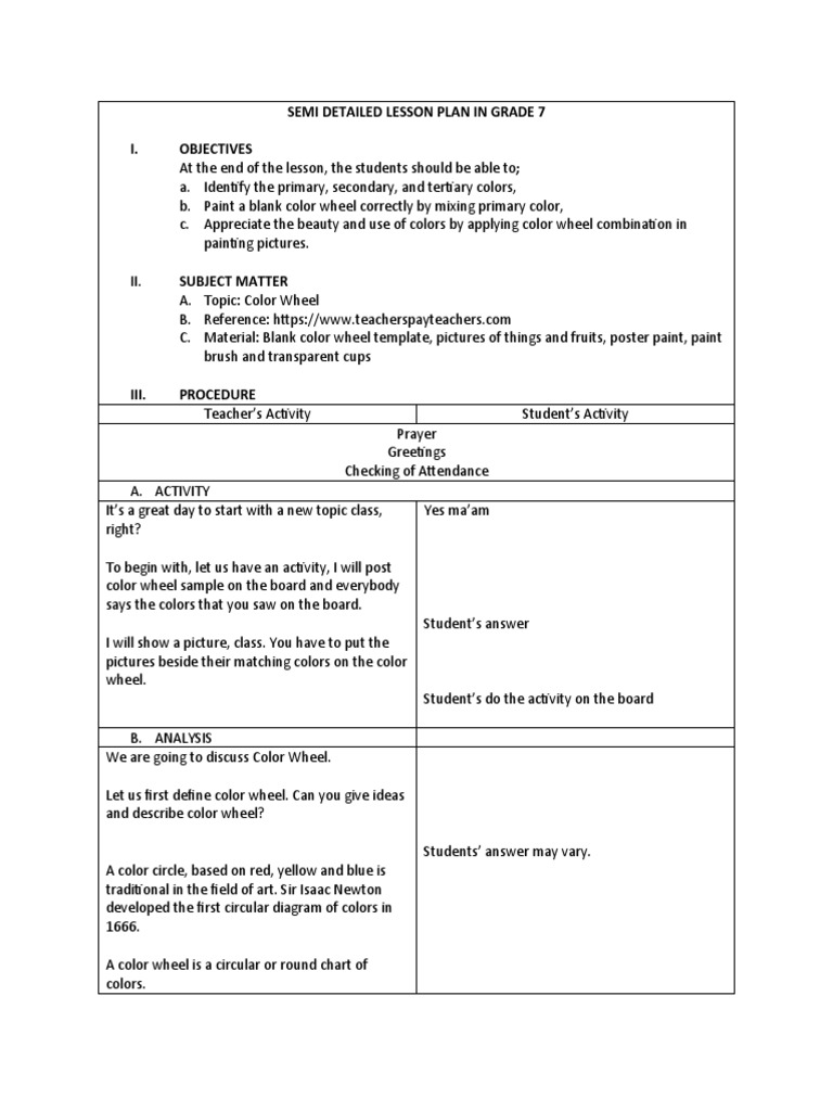 Semi Detailed Lesson Plan in Grade 7 | PDF | Color | Vision