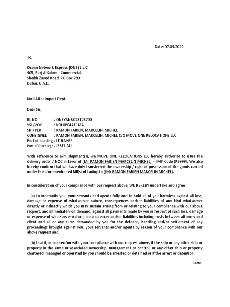 ONE LINEThird Party Authorization Letter Format N | PDF | Detention ...